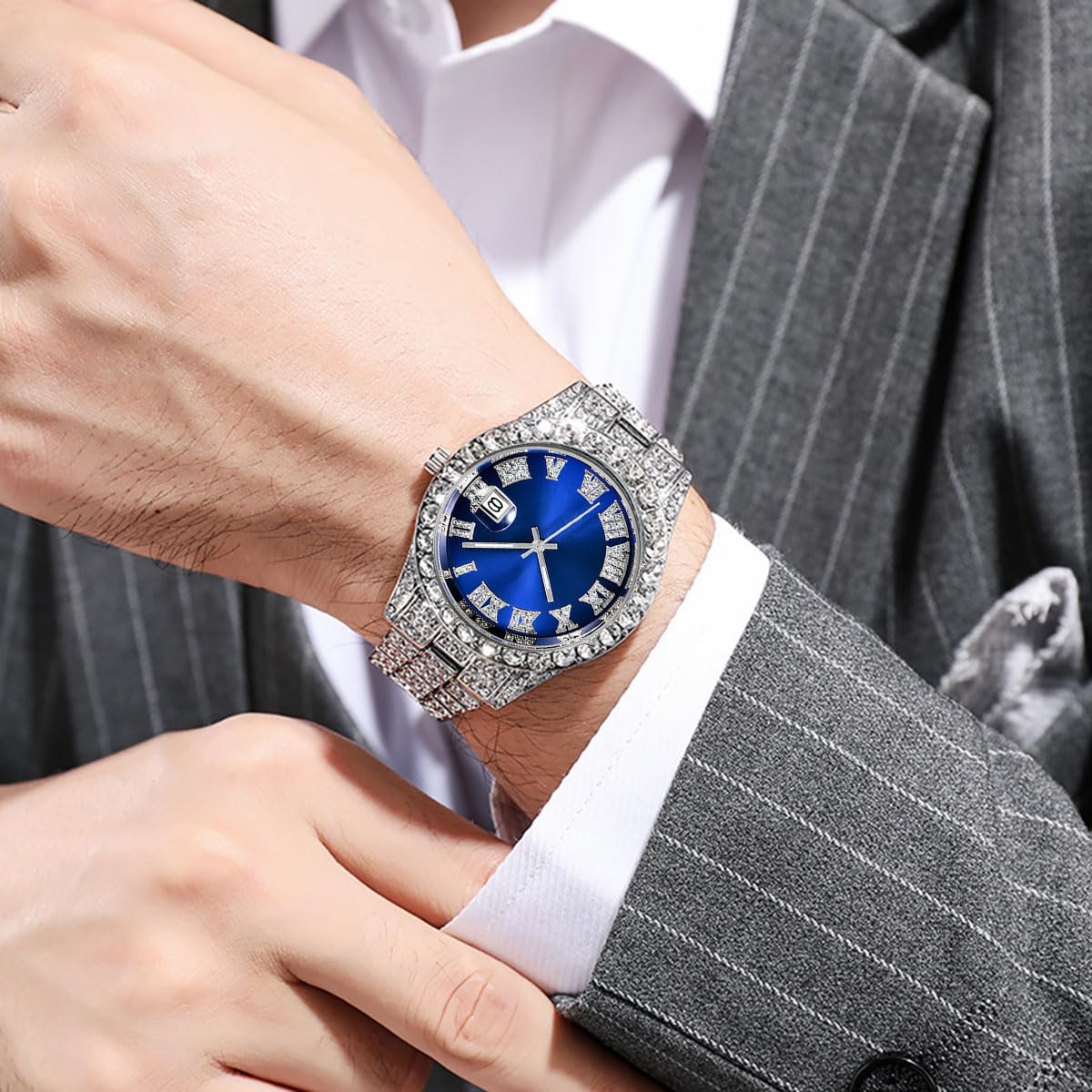 Men's Diamond Watch Fashion Crystal Rhinestone Quartz Analog Watch Iced-Out Bracelet Wrist Watch (Silver Blue)