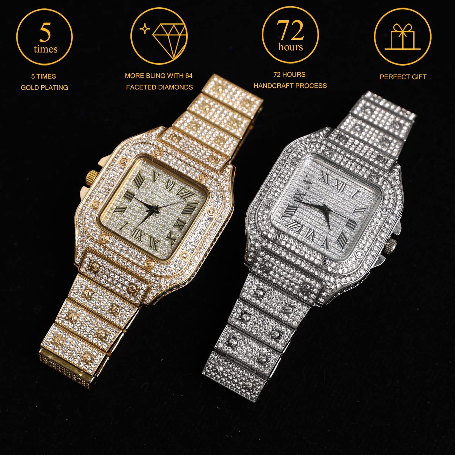 Halukakah Men's Watch - The King - Platinum Plated, 40MM Square Dial, Iced Out Wristband, Comes in Giftbox,Gift for Men Son Husband