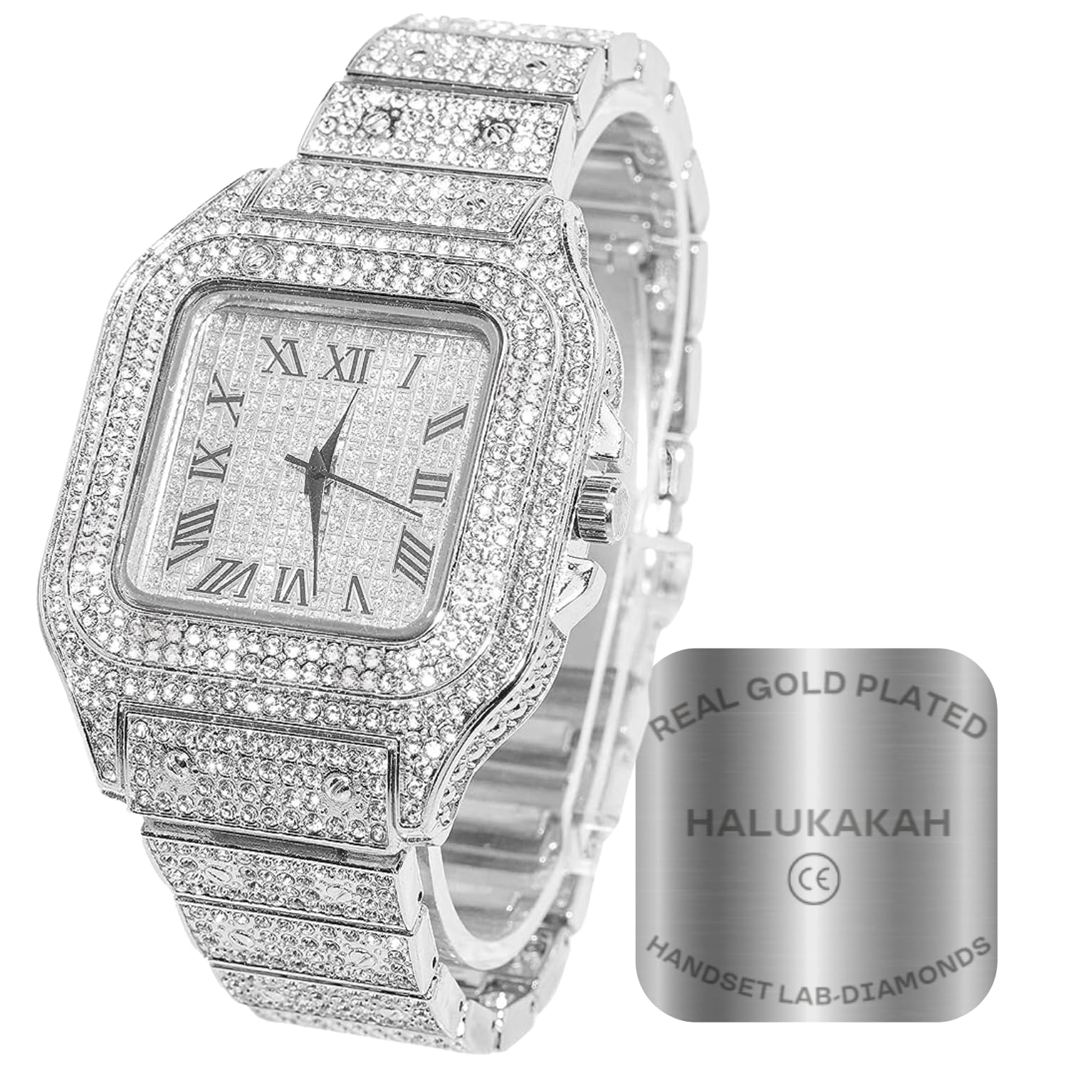 Halukakah Men's Watch - The King - Platinum Plated, 40MM Square Dial, Iced Out Wristband, Comes in Giftbox,Gift for Men Son Husband