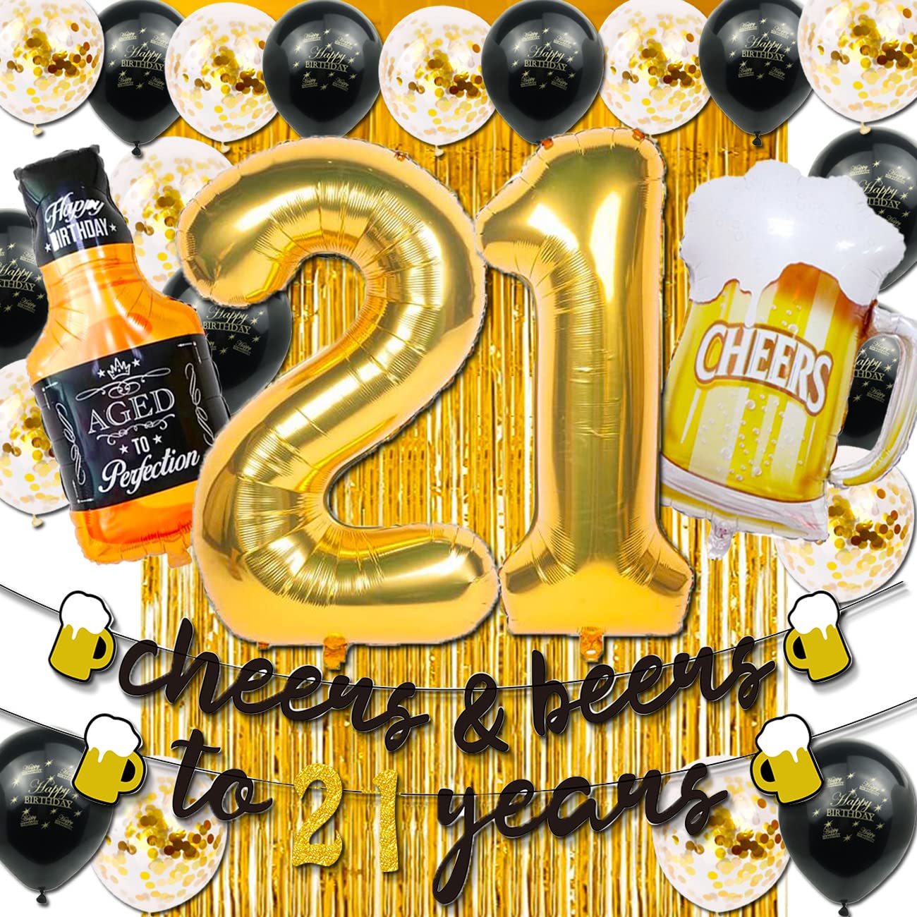 40th Birthday Decorations for Men Women, Cheers and Beers to 40 Years Banner Black and Gold Anniversary Birthday Party Decorations with Beer Mug Balloon Confetti Balloons Backdrop Fringe Curtain