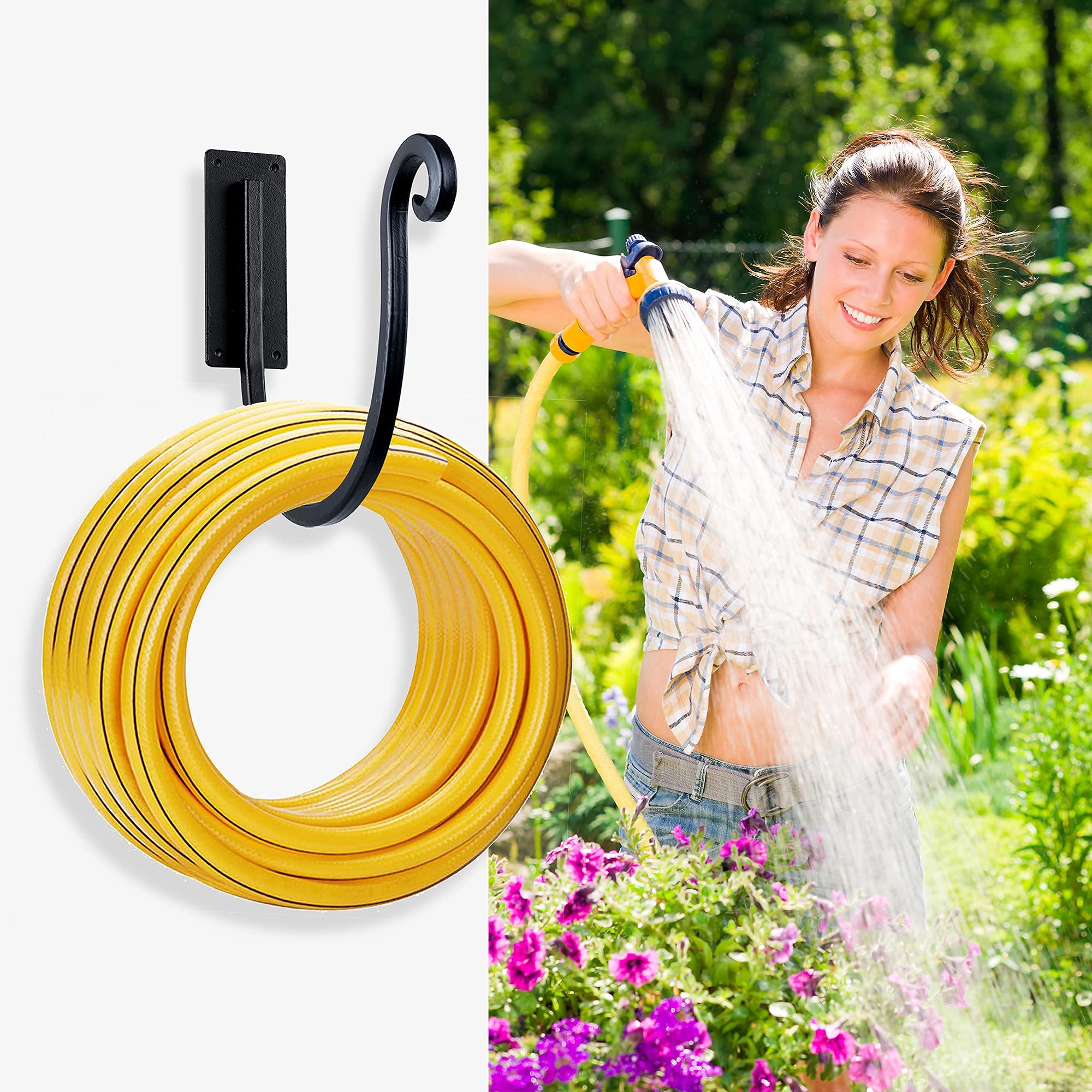 JUNSHUO Hose Holder Wall Mount (Metal/8-Inch) Heavy-Duty Garden Hose Hanger Outdoor, Hand-Forged Hose Rack Mount