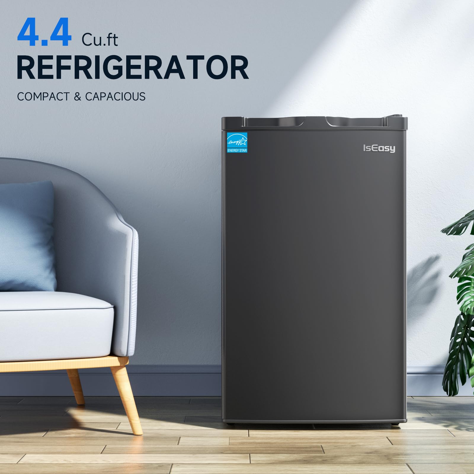 IsEasy 4.4 Cu.Ft Mini Fridge with Freezer, Single Door Small Refrigerator, 5 Settings Adjustable Thermostat, Low noise, Energy-efficient, Compact Refrigerator for Dorm, Office, Bedroom