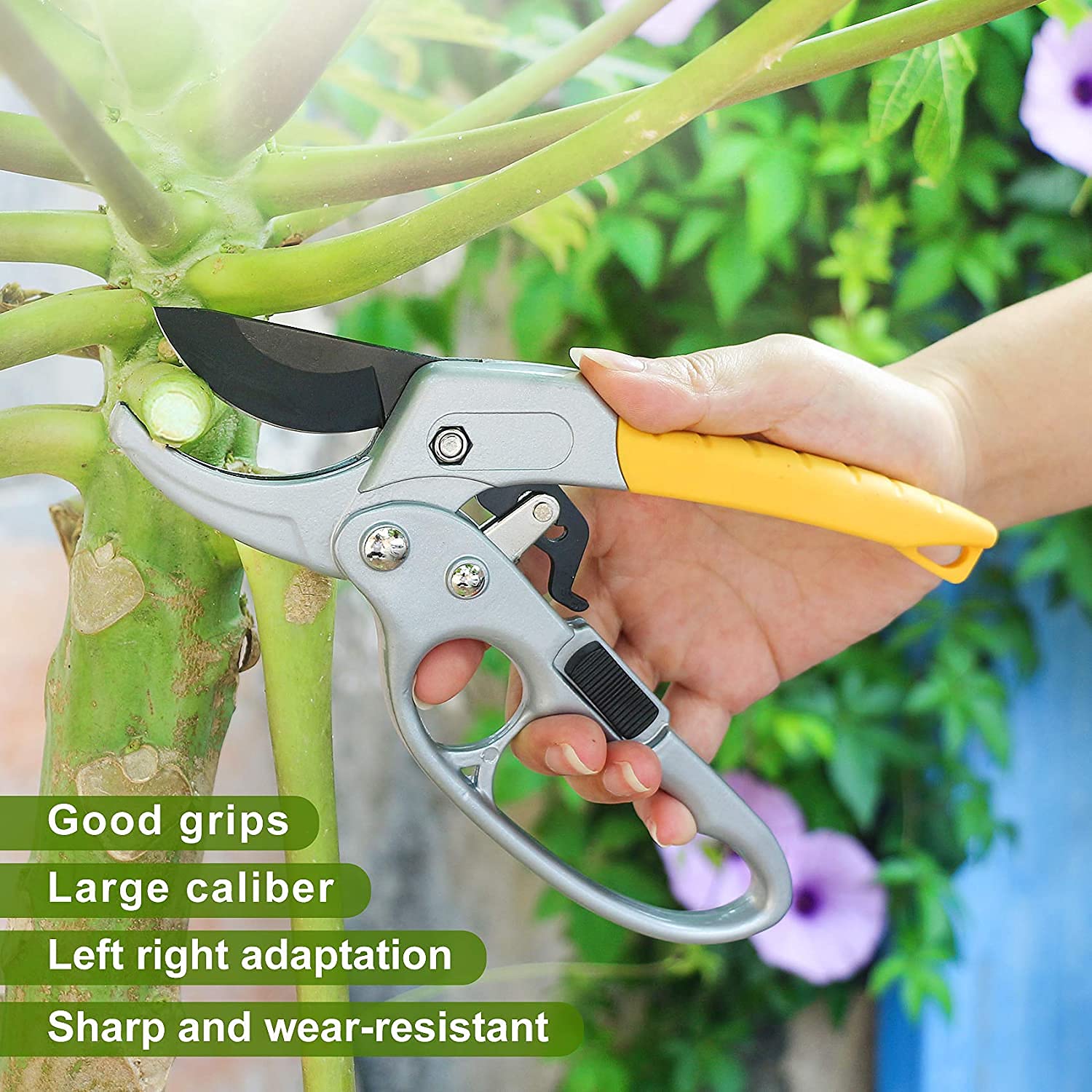 MUSTKING garden clippers, work 3 times easier, ratchet pruning shears,for trimming rose, floral, tree, live plants, arthritis weak hand snips