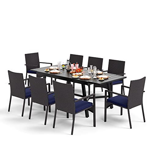 PHI VILLA 9 Pieces Patio Dining Set for 8, Rattan Wicker Chairs and E-Coating Expandable Rectangular Metal Table, Outdoor Dining Table and Chairs Furniture for Backyard Deck Garden Porch