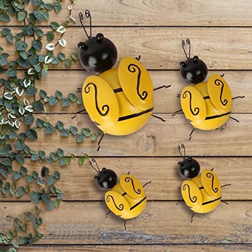 【4 Pack】Metal Wall Art Bee, Metal Bumble Bee Wall Décor, 3D Iron Bee Art Sculpture Hanging Wall Decorations for Outdoor Home Garden Patio Yard Lawn Fence