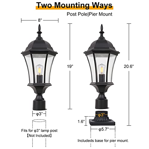 GOALPLUS Dusk to Dawn Post Light, 20" High Black Outdoor Lamp Post Light Fixture with Pier Mount for Garden, Exterior Post Lantern with Seeded Glass for Yard, Patio and Pathway, LMMS4610-S-BK-2P