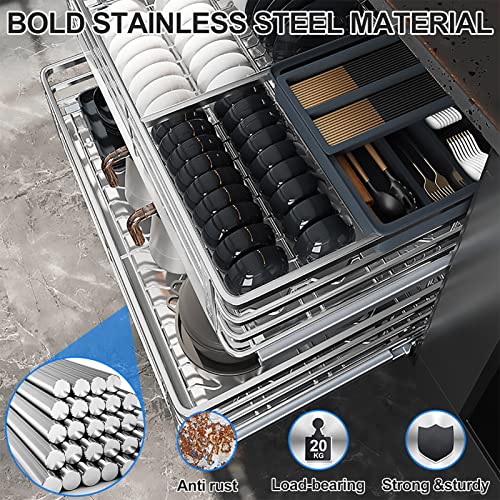 2 Tier Pull Out Cabinet Organizers Storage Stainless Steel Heavy Duty Double Tier Wire Basket Slide Out Shelf Storage for Under Cabinet, Pantry, Metal Sliding Drawer Shelve for Cans, Jars, Bowl (Black