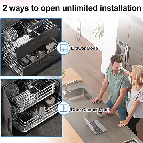 2 Tier Pull Out Cabinet Organizers Storage Stainless Steel Heavy Duty Double Tier Wire Basket Slide Out Shelf Storage for Under Cabinet, Pantry, Metal Sliding Drawer Shelve for Cans, Jars, Bowl (Black