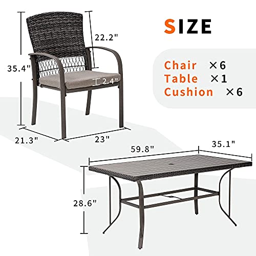 Pamapic 7 Piece Patio Dining Set, Outdoor Dining Table Set, Patio Wicker Furniture Set for Backyard Garden Deck Poolside/Iron Slats Table Top, Removable Cushions(Beige)