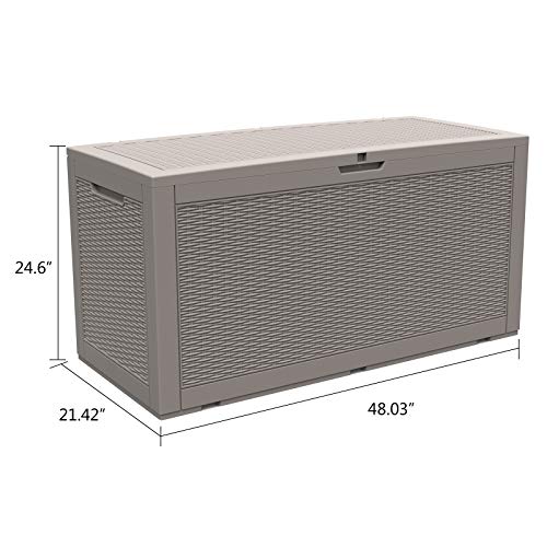 Modern-Depo 100 Gallon Deck Box Waterproof Outdoor Storage Bench Resin Garden Tools Pool Towel Storage Bin Porch Delivery Box, Brown
