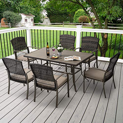 Pamapic 7 Piece Patio Dining Set, Outdoor Dining Table Set, Patio Wicker Furniture Set for Backyard Garden Deck Poolside/Iron Slats Table Top, Removable Cushions(Beige)