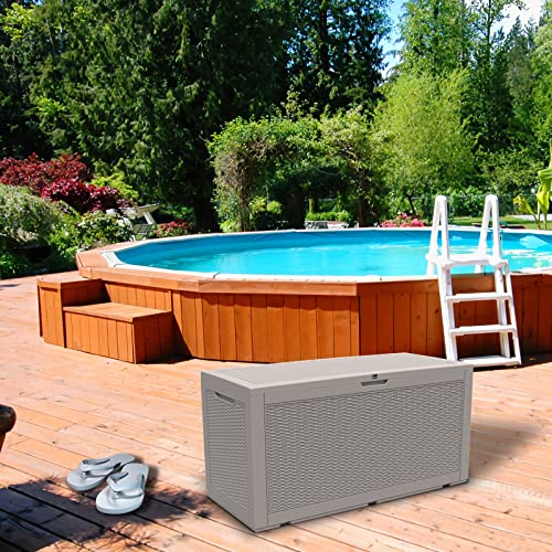 Modern-Depo 100 Gallon Deck Box Waterproof Outdoor Storage Bench Resin Garden Tools Pool Towel Storage Bin Porch Delivery Box, Brown