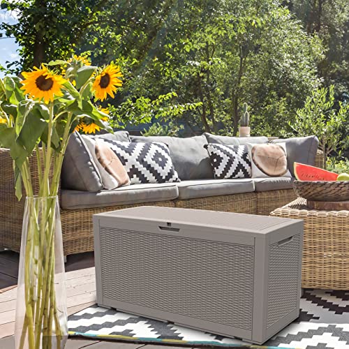 Modern-Depo 100 Gallon Deck Box Waterproof Outdoor Storage Bench Resin Garden Tools Pool Towel Storage Bin Porch Delivery Box, Brown