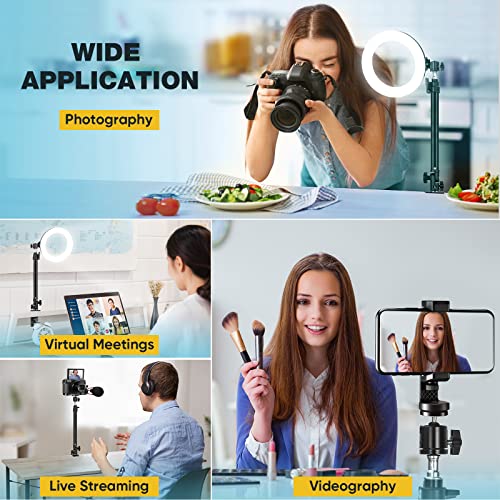 𝗨𝗽𝗴𝗿𝗮𝗱𝗲𝗱 360° Rotatable Camera Desk Mount Stand, 13.4"-21.3" Adjustable Tabletop Light Stand with 1/4" Ball Head & 3/8", 5/8" Screw for Photography Videography Live Streaming Virtual Meetings