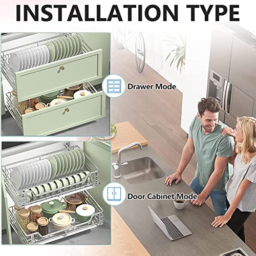 2-Tier Cabinet Pull Out Shelves Heavy Duty 304 Stainless Steel Pull-Out Cabinet Organizers Telescopic Wire Storage Baskets Rack for Kitchen Base Cabinet Organization for Pantry, Bathroom, Chrome (49