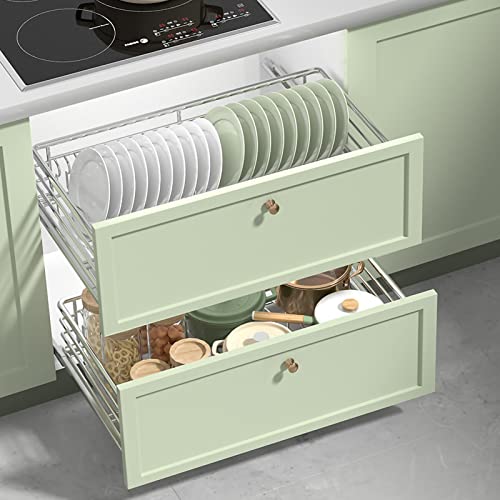 2-Tier Cabinet Pull Out Shelves Heavy Duty 304 Stainless Steel Pull-Out Cabinet Organizers Telescopic Wire Storage Baskets Rack for Kitchen Base Cabinet Organization for Pantry, Bathroom, Chrome (49