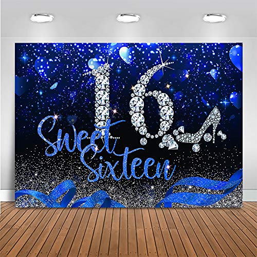 Mocsicka Sweet 16 Birthday Backdrop for Girls Blue and Silver Swwet Sixteen Decoration Happy 16th Birthday Banner Glitter Diamonds Background 16 Birthday Party Supplies (7x5ft (82x60 inch))
