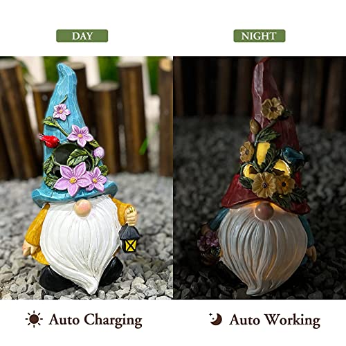AOC 2pcs Garden Gnome Solar Statue, 10.2 Inch Resin Gnomes Figurine with Solar Powered Lights Funny Gnomes Garden Decorations, for Outdoor Patio Yard Lawn Backyard Decor