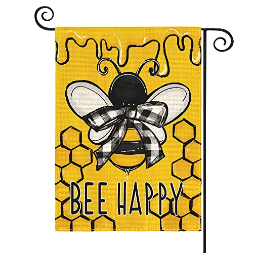 AVOIN colorlife Bee Happy Summer Honey Garden Flag 12x18 Inch Double Sided Outside, Burlap Seasonal Yard Outdoor Decoration