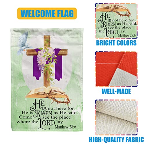 He is Risen Garden Flags 12x18inch Burlap, Easter Religious Cross Flags for Spring Holiday Yard Decorations Outdoor Matthew 28:6