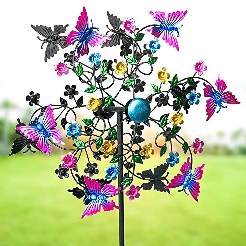 Ironic Wind Spinners with Willow Butterfly Including Colorful Metal Petals-Enhance Decoration of Yard and Gardens- Dual-Direction 60 Inches Height Spinner - Decor with Statues and Sculptures