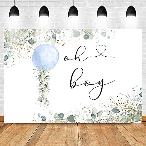 Mocsicka Oh Boy Watercolor Blue Balloon Backdrop Greenery Boy Baby Shower Background Botanical Eucalyptus Baby Shower Party Cake Table Decoration Banner Photo Booth Props (7x5ft)
