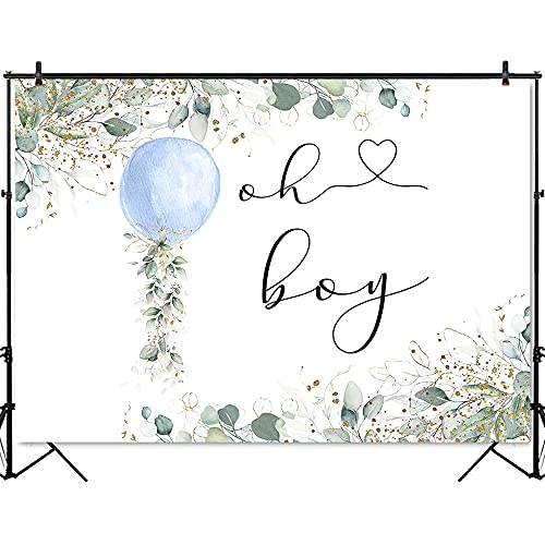 Mocsicka Oh Boy Watercolor Blue Balloon Backdrop Greenery Boy Baby Shower Background Botanical Eucalyptus Baby Shower Party Cake Table Decoration Banner Photo Booth Props (7x5ft)
