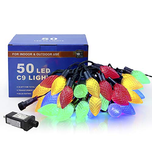 Hopolon C9 LED Christmas String Lights, 8Modes 50 LED 33ft Outdoor Fairy Lights with 30V Safe Adaptor, Extendable Green Wire String Lights for Patio Xmas Tree Wedding Party Decoration, Multicolor