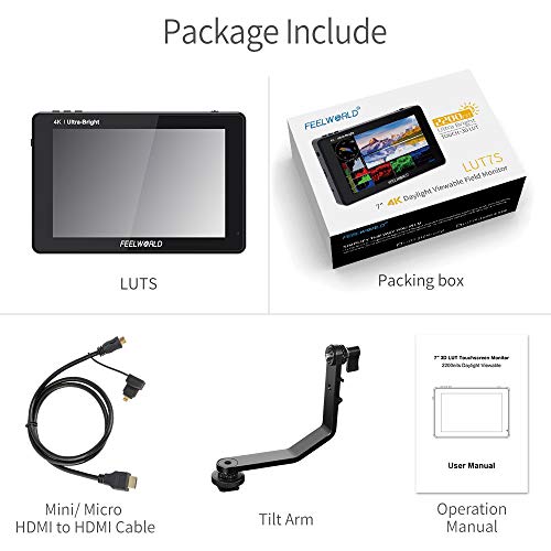 FEELWORLD LUT7 7 Inch Ultra Bright 2200nit Touch Screen Camera DSLR Field Monitor with 3D Lut Waveform Vectorscope Automatic Light Sensor 1920x1200 Video Assist 4K HDMI Input 8.4V DC Output Tilt Arm