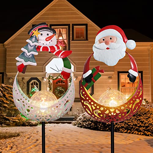 Solar Christmas Garden Stake Lights Santa Claus&Snowman Solar Christmas Decorations with LED Lights Outdoor Xmas Yard Pathway Lights Christmas Landscape Lights for Garden(2 PCS)