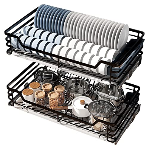 Pull Out Cabinet Drawer Organizer 2-Tier 304 Stainless Steel Wire Basket Pull Out Shelf Storage Organizer Heavy Duty Telescopic Shelving Slide Out Storage for Kitchen Base Cabinet, Cupboard, Pantry (B