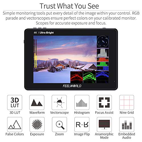 FEELWORLD LUT7 7 Inch Ultra Bright 2200nit Touch Screen Camera DSLR Field Monitor with 3D Lut Waveform Vectorscope Automatic Light Sensor 1920x1200 Video Assist 4K HDMI Input 8.4V DC Output Tilt Arm