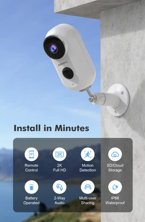 ZUMIMALL Security Cameras Wireless Outdoor, 2K Rechargeable Battery Operated Home Security Cameras with Siren, FHD Night Vision, PIR Motion Detection, IP66 Waterproof, SD/Cloud, 2.4G WiFi, 2 Pack