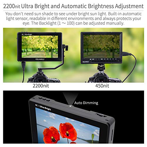 FEELWORLD LUT7 7 Inch Ultra Bright 2200nit Touch Screen Camera DSLR Field Monitor with 3D Lut Waveform Vectorscope Automatic Light Sensor 1920x1200 Video Assist 4K HDMI Input 8.4V DC Output Tilt Arm