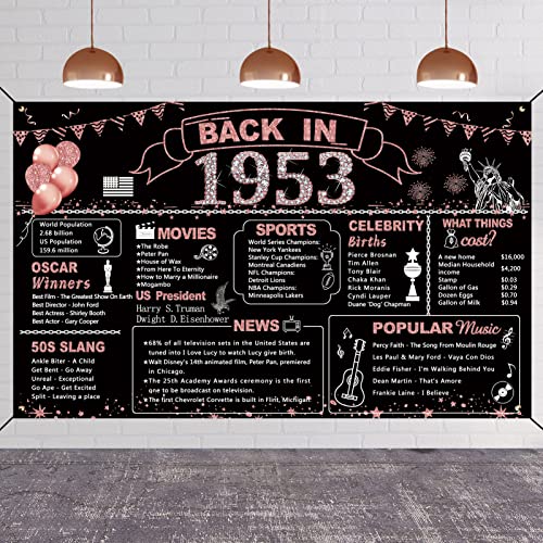 DARUNAXY 70th Birthday Rose Gold Party Decoration, Back in 1953 Banner for Women 70 Years Old Birthday Photography Background Vintage 1953 Poster Backdrop for Girls 70th Class Reunion Party Supplies