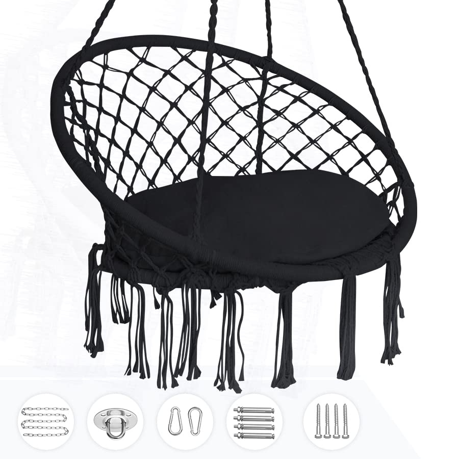 HFKJ Hammock Chair Hanging Rope Swing with Hardware and Cushion Handmade Knitted Mesh Hanging Chair with Macrame for Bedroom Patio Yard Garden, Max 330 Lbs…