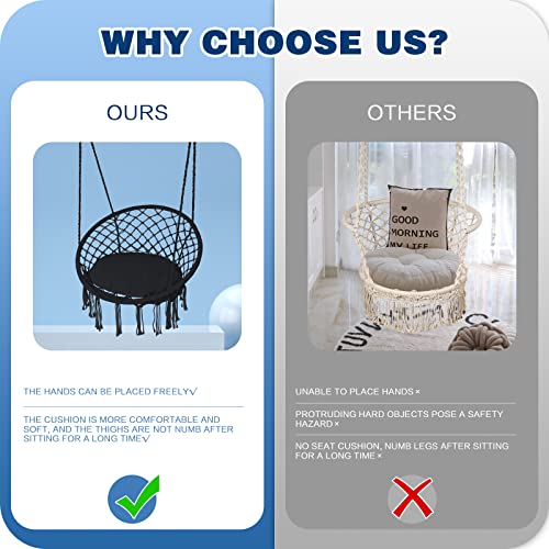 HFKJ Hammock Chair Hanging Rope Swing with Hardware and Cushion Handmade Knitted Mesh Hanging Chair with Macrame for Bedroom Patio Yard Garden, Max 330 Lbs…