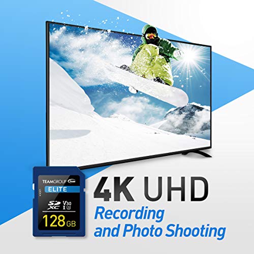 TEAMGROUP Elite 128GB UHS-I U3 V30 UHD Read Speed up to 100MB/s SDXC High Speed 4K Memory Card Compatible with Canon Sony Nikon Panasonic FUJIFILM Digital Camera TESDXC128GIV3001