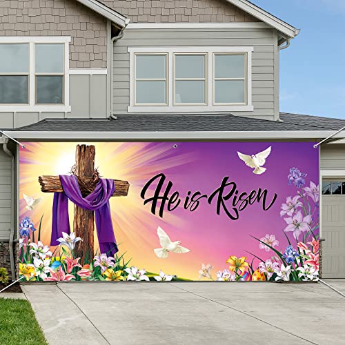 Outdoor Easter Garage Door Banner Cover He is Risen Backdrop Easter Decorations Extra Large Jesus Cross Religious Banner Background for Spring Home Outdoor Indoor Easter Party Supplies 6.1 x 13 ft
