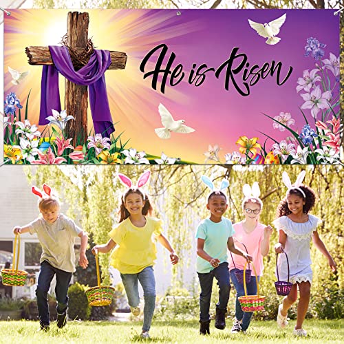 Outdoor Easter Garage Door Banner Cover He is Risen Backdrop Easter Decorations Extra Large Jesus Cross Religious Banner Background for Spring Home Outdoor Indoor Easter Party Supplies 6.1 x 13 ft