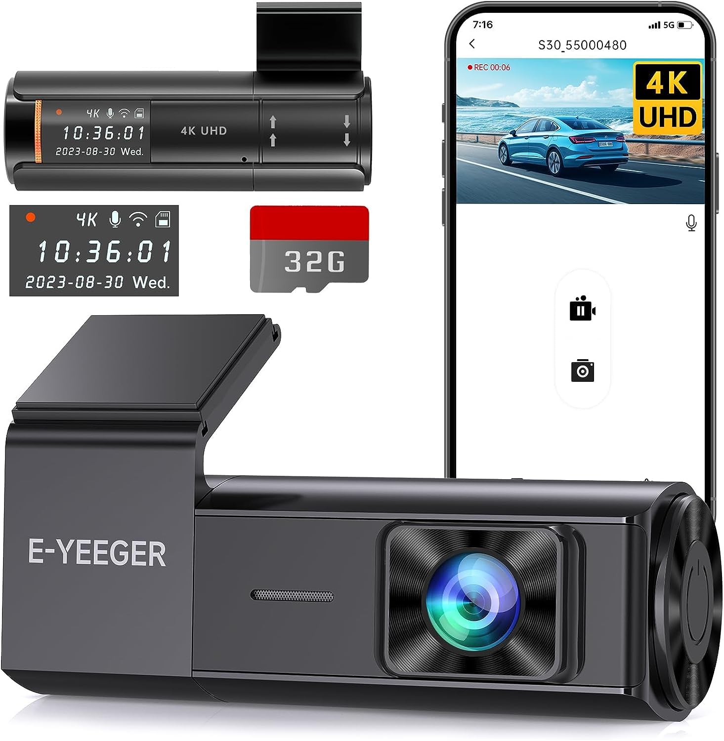 Dash Cam 4K WiFi Front Dash Camera for Cars, E-YEEGER Car Camera 2160P Wireless Mini Dashcams with App, Driving Recorder with 24H Parking Mode, Night Vision, G-Sensor, Free 32G Card, Support 256G Max