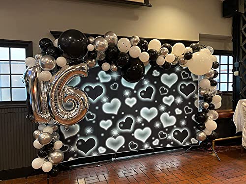 7×5ft Black Heart Photo Backdrop Early 2000s Party Decorations Old School Backdrops Valentine's Day Glitter Heart 16th 18th 30th Women Men 90s Happy Birthday Background Selfile Wall Decor