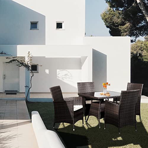 SUNCROWN 5 Piece Outdoor Dining Set All-Weather Wicker Patio Dining Table and Chairs with Cushions, Tempered Glass Tabletop with 9 FT Patio Umbrella for Patio Backyard Porch Garden Poolside, Round