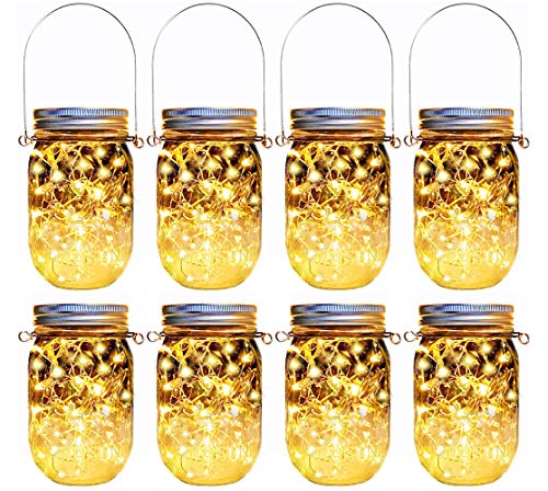 Solar Mason Jar Lights,8 Pack 30 Led Hanging String Fairy Jar Solar Lantern Lights for Outdoor Patio Garden Yard and Lawn Decorationļ¼Hangers and Jars Includedļ¼