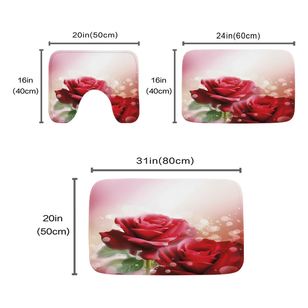 lczVEN Red Rose Bath Rugs, Imitation Cashmere Romantic Floral Glittering Bubble Bath Mat, Ultra Soft Non-Slip Bath Mats for Bathroom, 3Pcs Bathroom Rug Set