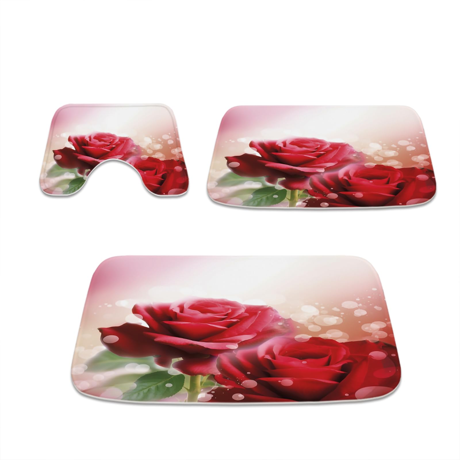lczVEN Red Rose Bath Rugs, Imitation Cashmere Romantic Floral Glittering Bubble Bath Mat, Ultra Soft Non-Slip Bath Mats for Bathroom, 3Pcs Bathroom Rug Set