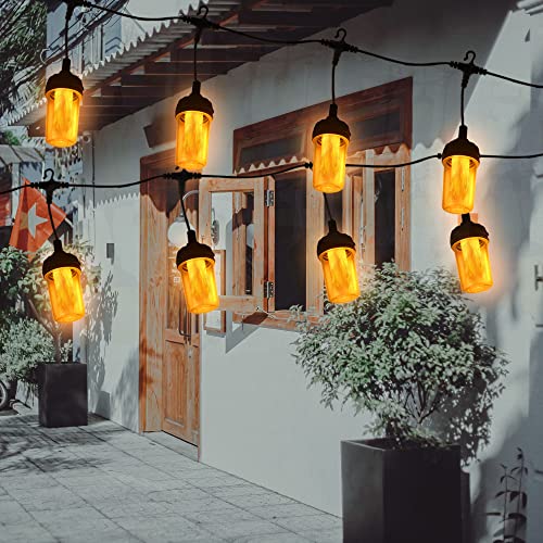 23 FT Solar Flickering Flame Outdoor String Lights 15 LED Waterproof Decorative Hanging Patio Backyard Garden Party Wedding Christmas Transparent (Warm White)