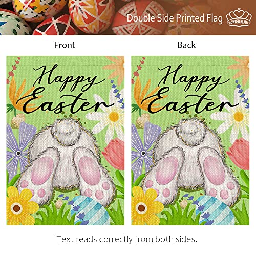 CROWNED BEAUTY Happy Easter Bunny Tail Garden Flag Floral 12x18 Inch Double Sided for Outside Burlap Small Yard Holiday Decoration CF704-12
