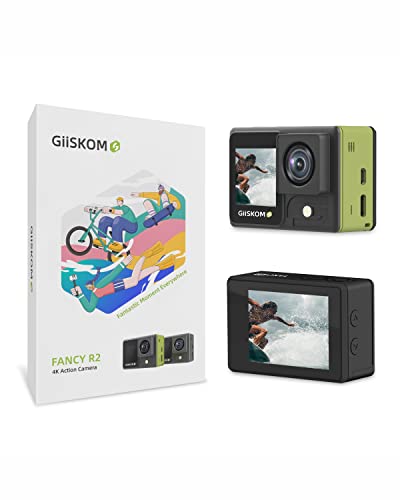GIISKOM Fancy R2 Action Camera 4k/60FPS 24MP in Dual Screen, 95FT Waterproof Underwater Camera for Snorkeling, Sports Camera with Image Stabilization Matchs Mounting Bundles for Vlog (Green)