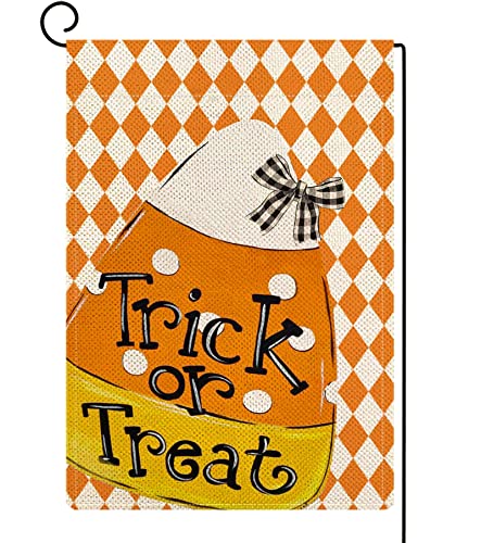 ORTIGIA Trick or Treat Garden Flag Vertical Double Sided 12x18inch Halloween Funny Candy Small Garden Flag Buffalo Check Plaid Seasonal Flag Farmhouse Rustic Holiday Burlap Yard Décor